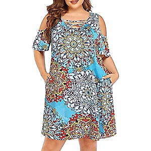 Sun Dresses Women Summer Plus Size Cold Shoulder Beach Swim Cover Up Tshirt Casual Hawaiian Tank Floral Sundress Pockets