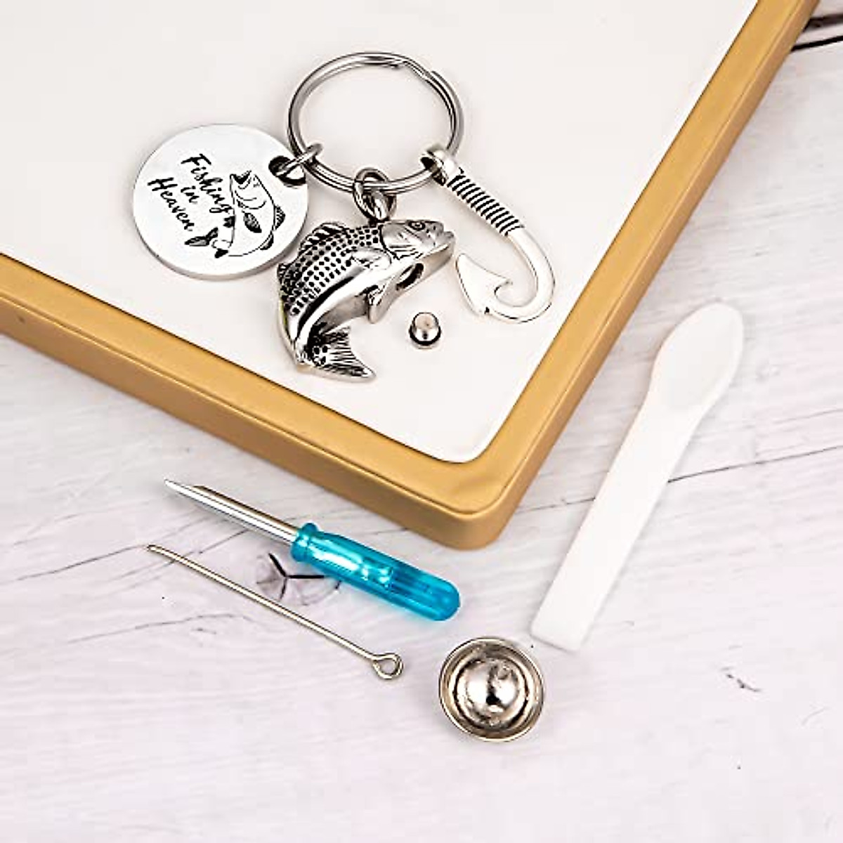 Fishing in Heaven Cremation Urn Keychain Fish Memory Key Tag -Fish Urn Memorial Keychain-Ashes Keychain Cremation Jewelry (Silver)