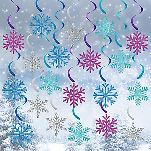 20 Pack Frozen Snowflake Hanging Decorations - Winter Snowflakes Hanging Swirls Ceiling Streamers, Glittery Snowflakes Ornament for Wonderland Frozen Party Decorations, Birthday and Christmas Decor