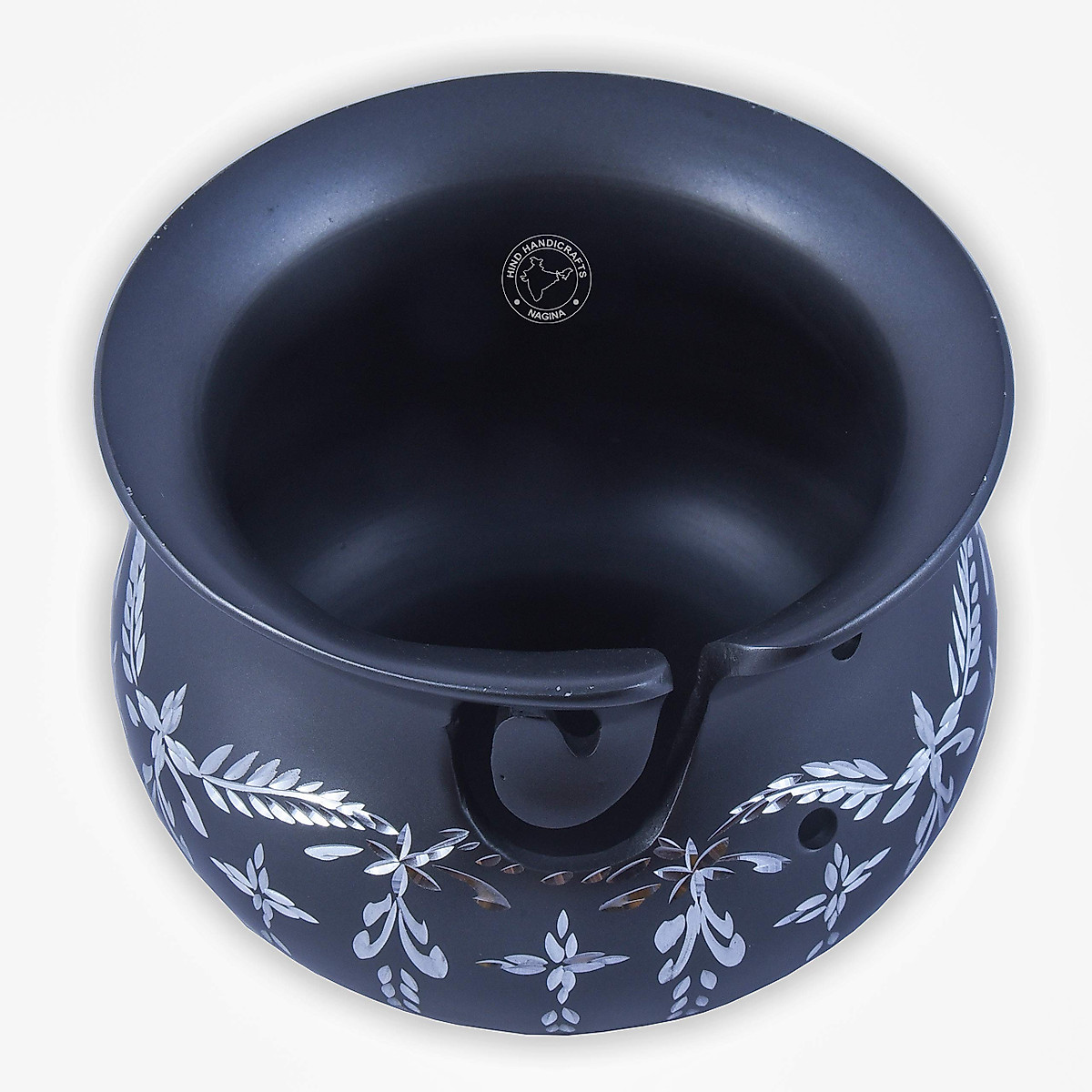 Hind Handicrafts Premium Solid Handmade Silver Engraved Metallic Finish Aluminium Portable Yarn Storage Bowl - Holder for Knitting Crochet Hook Accessories (Matte Black, 6" x 6" x 4")