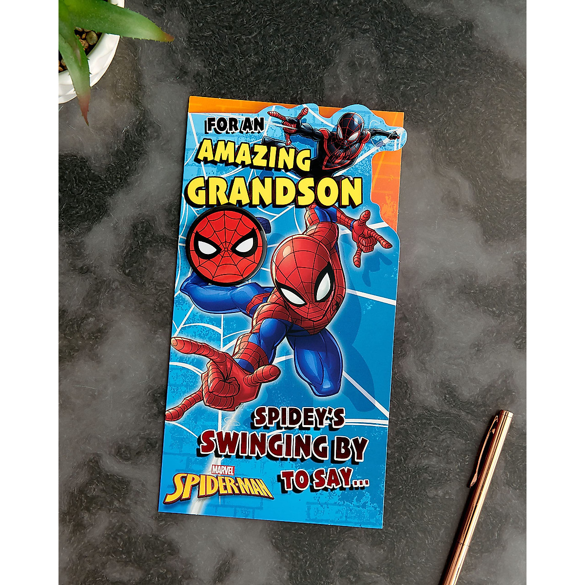 UK Greetings Marvel Spider-Man Birthday Card for Grandson With Envelope and Badge,Multi,121 mm x 229 mm