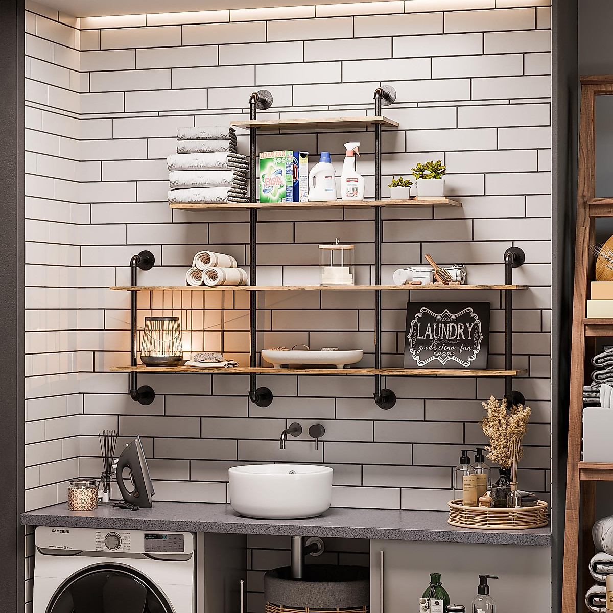 WFSRESTD Industrial Pipe Shelving, 4 Tier Rustic Wooden Floating Shelves, Wall Display Bookshelf, Storage Rack Sundries Holder for Kitchen Office Bathroom Organization and Home Decor