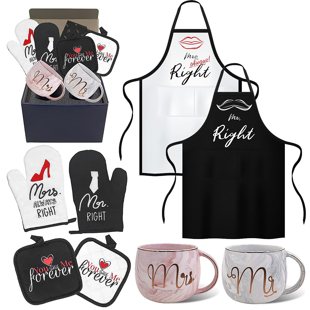 rnairni Mr and Mrs Aprons, Perfect Christmas Gifts for Couples Who Have Everything,Nice Engagement Gift,Wedding Gifts and Bridal Shower Gifts,Mr and Mrs Gifts Include Aprons,Gloves,Mats,Mug,A Card