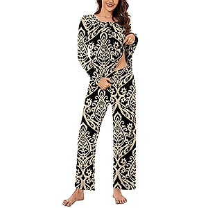 Bestbee Womens Pajama Set, 2 Piece Lounge Outfits Pleated Sleepwear Sets Long Sleeve With Pockets Ladies Pjs, L, Floral Khaki-black