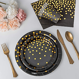 350PCS Black and Gold Party Supplies - Birthday Plates and Napkins Sets for 50, Includes Black Party Plates, Napkins, Cups for Retirement Adult Party Decorations，New Year Party Supplies 2024