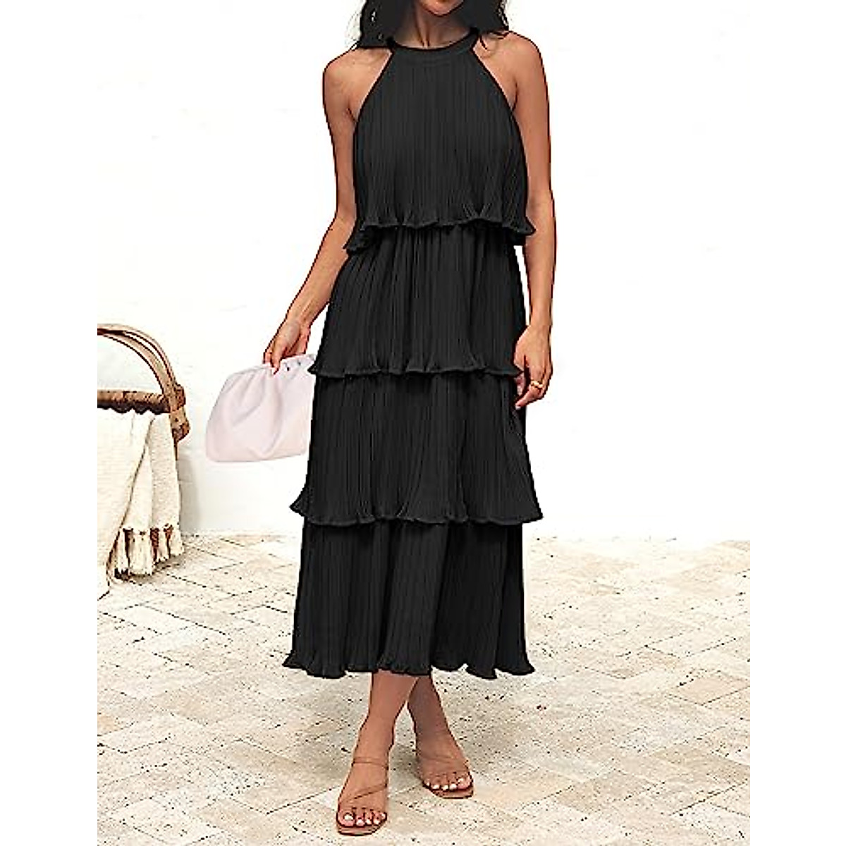 ZESICA Women's 2023 Summer Sleeveless Halter Neck Ruffle Tiered Layed Chiffon Flowy Swing Long Midi Dress,DarkBlack,Large