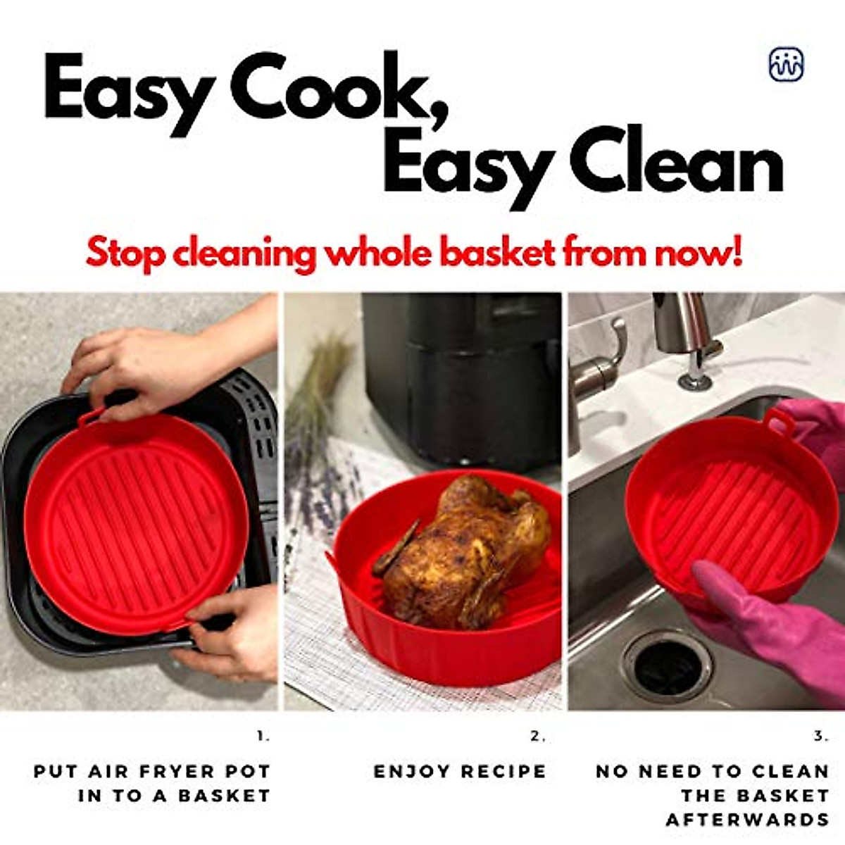 WAVELU Air Fryer Silicone Pot Liner | EXTRA STRONG | Food Safe Air fryers Accessories | Replacement of Flammable Parchment Paper Liners | No More Harsh Cleaning Basket After Using Airfryer (3-5QT)