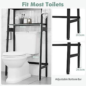 HAPPYGRILL Over The Toilet Storage, 3-Tier Over The Toilet Rack, Bathroom Space Saver w/ 2 Hanging Hooks, Adjustable Bottom Bar & Toilet Paper Holder, Metal Over Toilet Bathroom Organizer (Black)