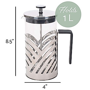 Elanze Designs Chrome 1 Liter Large Glass and Stainless Steel French Press Coffee and Loose Leaf Tea Maker