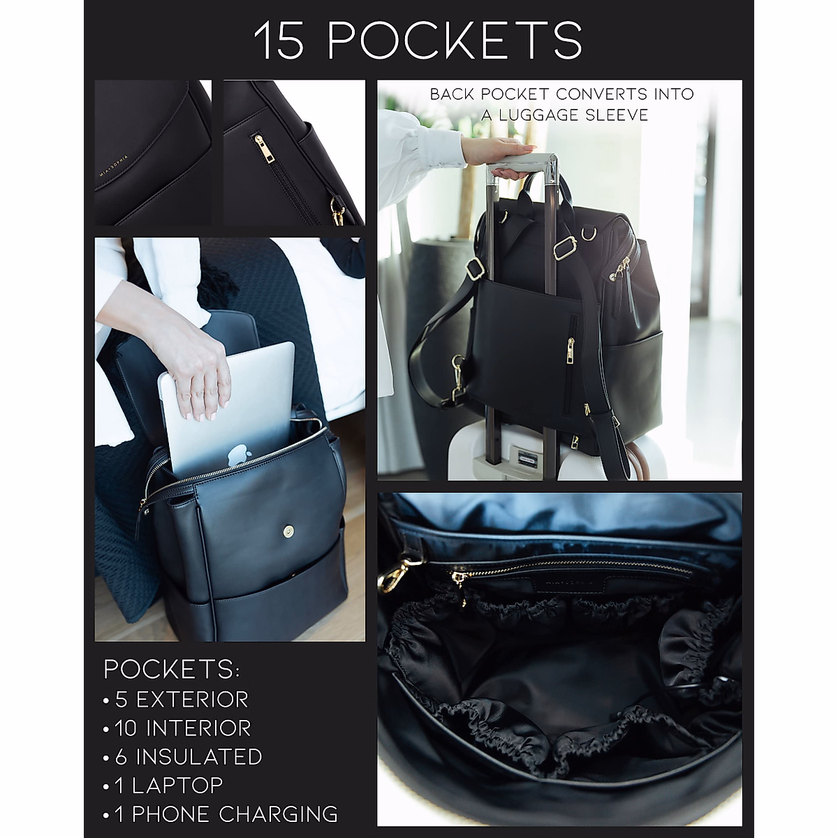 MIA + SOPHIA Leather Diaper Bag Backpack with Changing Pad, Stroller Straps, Bottle Holder (Black Olivia)