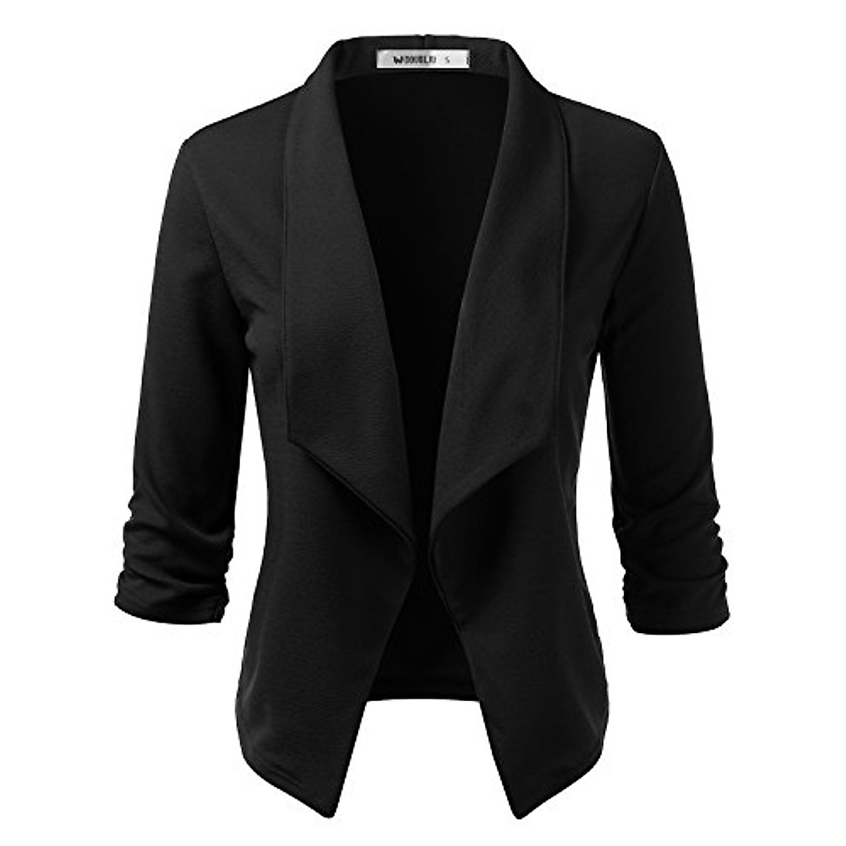 DOUBLJU Women's Casual Work Ruched 3/4 Sleeve Open Front Blazer Jacket with Plus Size Black