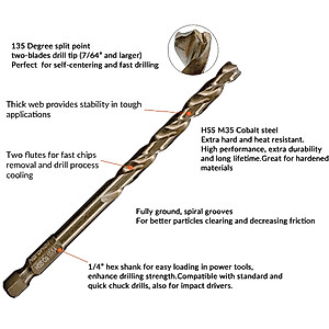 NordWolf 21-Piece M35 Cobalt Drill Bit Set for Stainless Steel, Hard Metals & Cast Iron, Jobber Length with 1/4" Hex Shank, SAE Sizes 1/16" to 1/2" in Storage Case