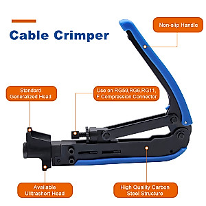 Zhushan Coaxial Compression Tool Kit,Coax Cable Crimper Set with 20 PCS F Compression Connectors, Adjustable RG6 RG59 RG11 75-5 75-7 Coaxial Cable Stripper