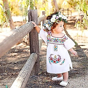 Kashoer Newborn Toddler Baby Girls Ethnic Embroidery Floral Dress Long Sleeve Party Sundress Skirt (6-12Months, White)