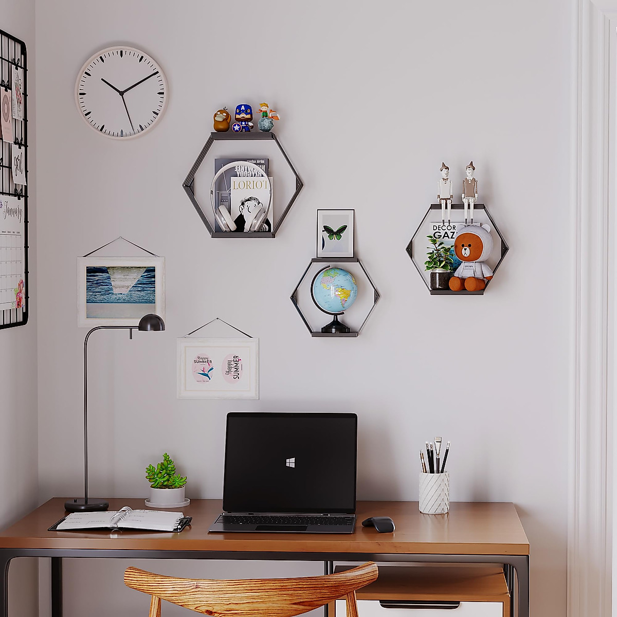 YEMNMFH Hexagon Floating Shelves for Wall Set of 3, Black Metal Wall Decor Honeycomb Shelves, Trinket Shelf, Natural Wood Decorative Floating Shelves for Bedroom, Living Room, Kitchen and Office