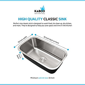 KABCO US607SSGR 30 Inch Stainless Steel Single Bowl Classic Kitchen Sink, Extra Thick 16 Gauge Undermount Rust, Sound and Heatproof Sink with Sink Strainer, Sink Grid and Rolling Up Grid