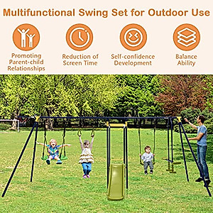 HONEY JOY Swing Sets for Backyard, 660lbs 7-in-1 Heavy Duty Swing Set w/A-Frame Metal Swing Stand, 2 Swings, Glider, Gym Rings, Slide, Monkey Bar,Basketball Hoop, Swingset Outdoor for Kids 3-12
