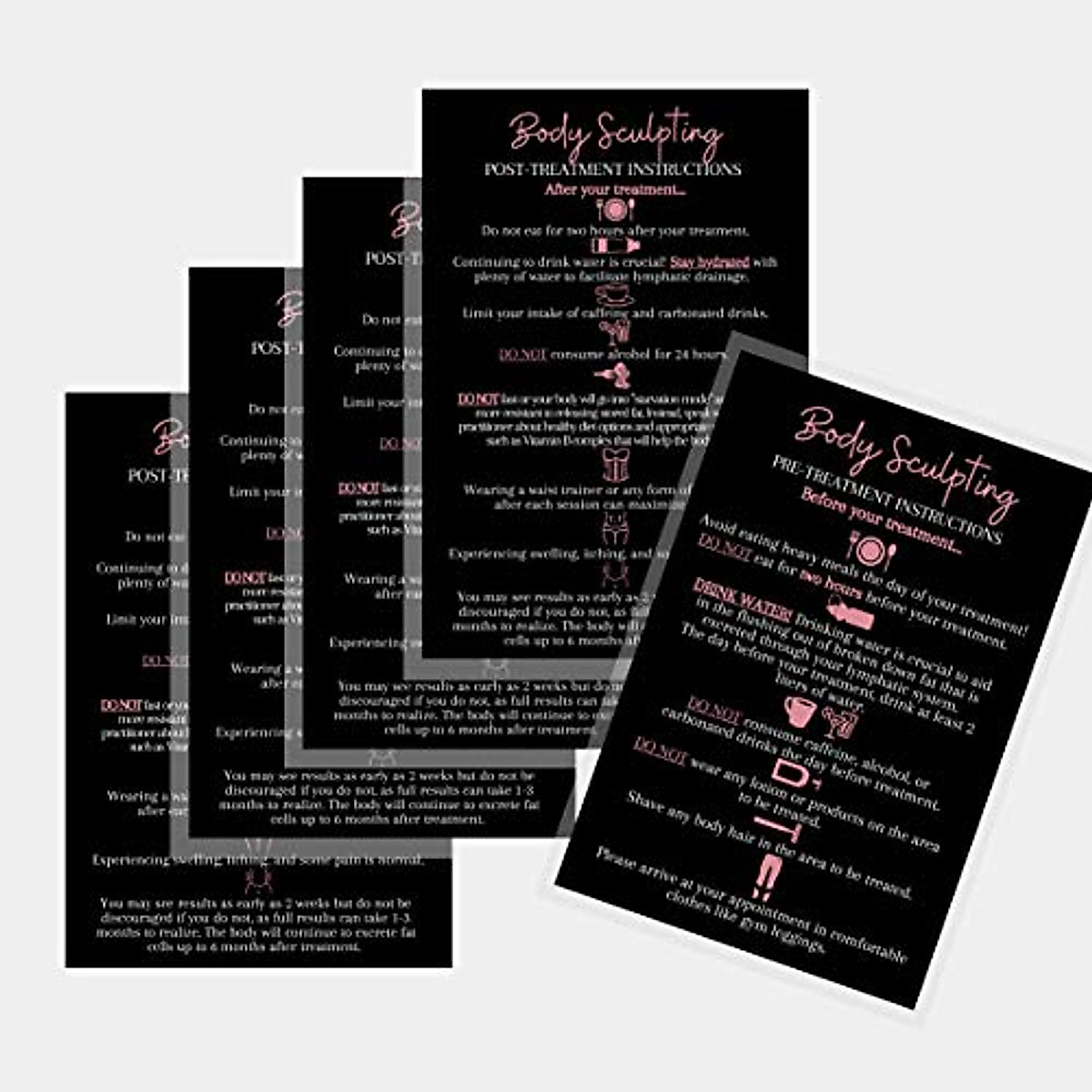 Body Sculpting Pre and Post Treatment Information Cards | 30 Pack | 4x6” inch Large Postcard Size | Black with Rose Gold Design