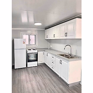 SAA Gray Modern House, 19 x 20 FT, 2 Rooms, 1 Bathroom & 1 Kitchen, Alloy Steel, Foldable Outbuilding – Light Blue Gray