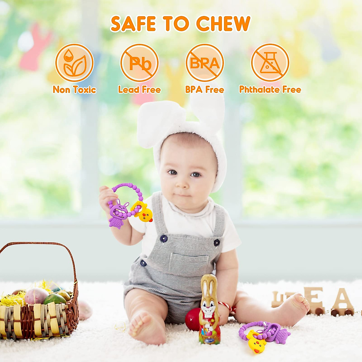 Easter Teething Toys Teethers for Babies 0-6 Months Baby Easter Teether Silicone Chew Toys Easter Basket Stuffers for Baby 6-12 Months Infant Teething Toys Easter Gifts Boys Grils Purple Bunny Chicken