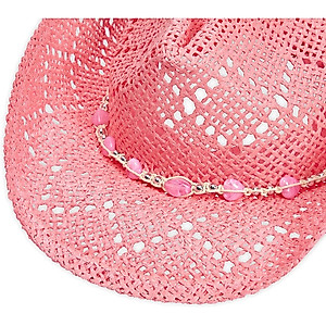 Zodaca Pink Cowboy Hat for Women - Pink Straw Beach Hat, Cute Cowgirl Hat with Beaded Heart Trim and Braided Chain (Adult Size)