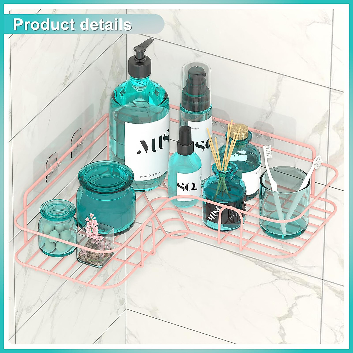 TOVE KNIGHTY Pink Shower Caddy, 4 Pack Corner Shower Shelves, Shower Organizer Shelf with Soap Dish and Hooks, No Drilling Self Adhesive Rustproof Shower Rack for Bathroom Kitchen Storage