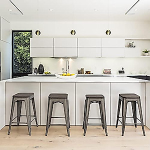 Yaheetech 24 inches Metal Bar Stools Counter Stool Indoor/Outdoor Stackable Barstools Counter Wood Top/Seat Bar Stools Set of 4, Gunmetal