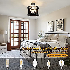 Farmhouse Semi Flush Mount Ceiling Light Fixture, 4-Light Industrial Ceiling Light Matte Black w/ E12 Base Metal Rustic Vintage Chandelier Lighting for Kitchen Dining Room Hallway Entryway Bedroom