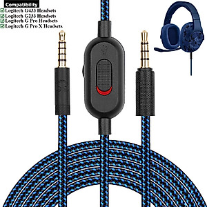 G433 Cable, Braided Replacement Extension Cord with Mic Mute Volume Control Clip for Logitech G433 G233 G Pro X Gaming Headset - Blue