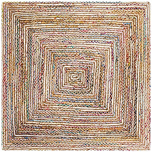 SAFAVIEH Cape Cod Collection Area Rug - 6' Square, Beige & Multi, Handmade Boho Braided Jute & Cotton, Ideal for High Traffic Areas in Living Room, Bedroom (CAP202B)