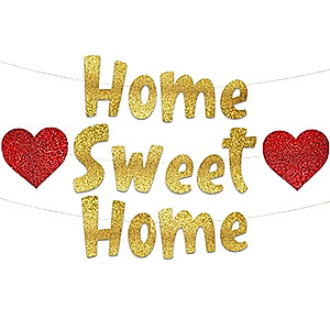 Home Sweet Home Gold and Red Glitter Banner – Funny Homecoming Party Decorations – Welcome Home Party Supplies, Ideas, and Gifts