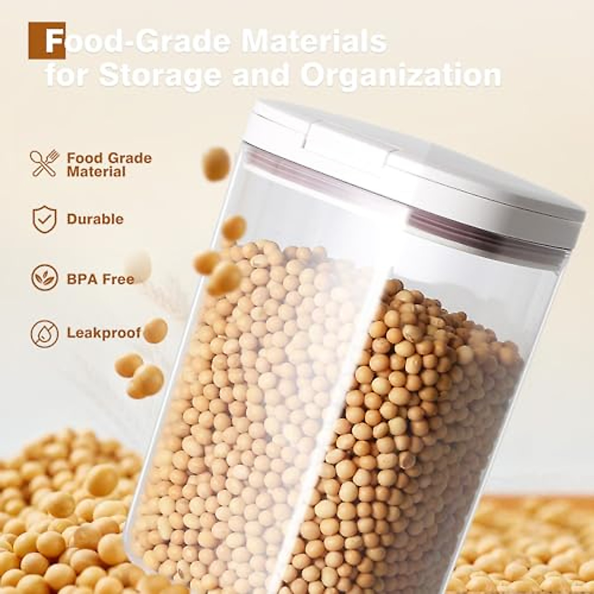 LivLab Mker Airtight Food Storage Containers, BPA Free Plastic Cereal Containers with Lid for Kitchen Pantry Organization, 2.3L / 2 Qt Cereal Dispenser for Grain, Rice, Snacks and Candy,White