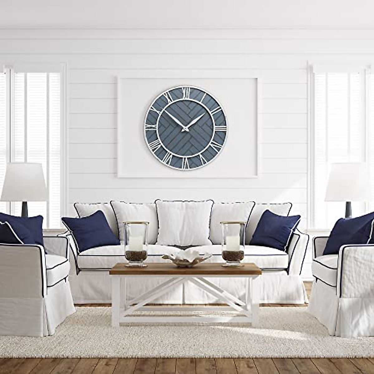 Sixty Times Hamptons - - Wall Clock 24 Inch - - Silent - - Metal & Wood - - Rustic Ocean Blue & White