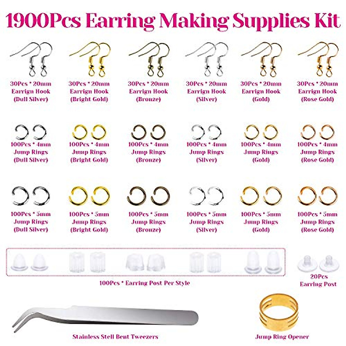 Earring Hooks, Anezus 1900Pcs Earring Making Supplies Kit with Jewelry Hooks, Fish Hook Earrings, Earring Backs, Jump Rings for Jewelry Making and Earring Repair,Gifts for Women