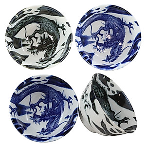Ebros Gift Blue And Black Japanese And Chinese Longwei Dragons Ceramic Bowls Pack Of 4 Made In Japan Kitchen Dining Asian Cuisine Restaurant Supply Grade Microwave Dishwasher Safe 14oz Soup Salad Bowl