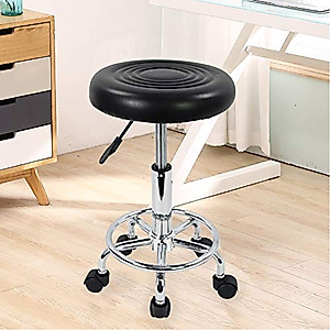 KKTONER PU Leather Modern Round Rolling Stool with Footrest Height Adjustable Spa Drafting Salon Tattoo Work Massage Stools Task Chair Small (Black)