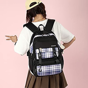 Aesthetic Backpack for School, Cute Girls Preppy Book Bag, Kawaii Large Capacity Middle School Plaid Backpack for Teenagers (Black)