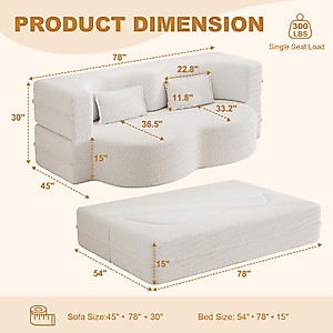 78" W Folding Sofa Bed, Modern Convertible Sofa Couch with Two Pillows, 15" H Full Size Sofa Sleeper Couch, Teddy Cloud Sofa with Foam Filled, No Assembly Required, for Living Room, Apartment - Beige