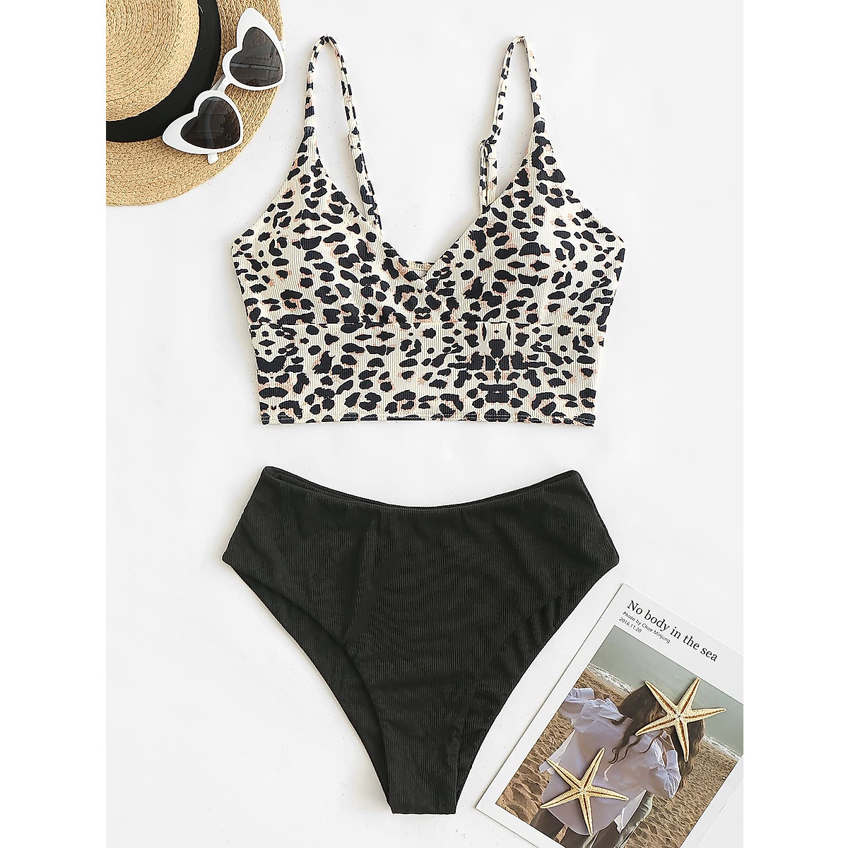 ZAFUL Women Tankini Set, Ribbed High Cut Surplice Swimsuit Bathing Suit with Spaghetti Straps(2-Ba Light Coffee,S)