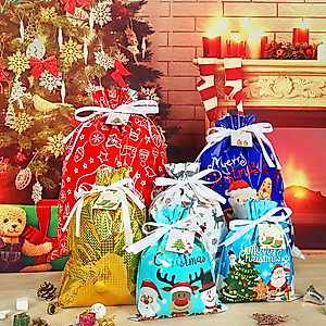 HRX Package Holiday Gift Wrapping Bags Drawstring, 15pcs Christmas Foil Sacks Pouches with Gift Tag for Xmas Presents Party Favor