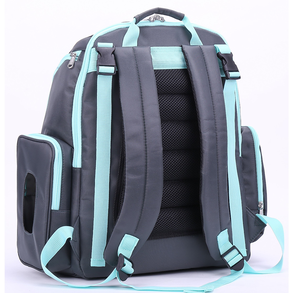 Tangerine Views Diaper Bag Backpack - 4pcs: Spacious Gender Neutral Colors w/Changing Pad, Stroller Straps, Food Snack Pack, and Waste Bag Dispenser w/Bags, Dark Gray With Teal, Large