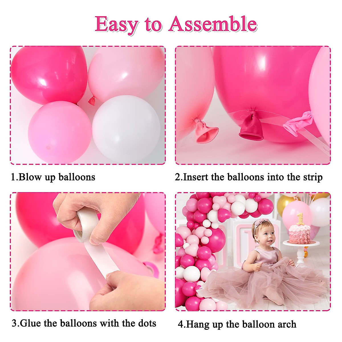 RUBFAC 164pcs Hot Pink Balloons with Heart Shape for Princess Theme Birthday Girl's Party Bridal Shower Wedding Bachelorette Party Decor