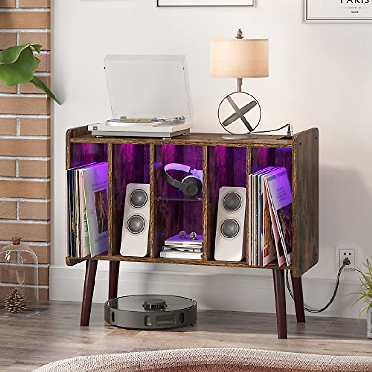 Tantmis LED Record Player Stand, Turntable Stand with Vinyl Record Storage, Mid Century Modern Record Player Table, Rustic Brown Record Player Cabinet with Power Outlet for Living Room, Bedroom