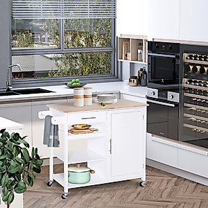 HOMCOM Rolling Kitchen Island with Storage, Kitchen Cart with Solid Wood Countertop, Drawer, Adjustable Shelf and Wine Rack, White