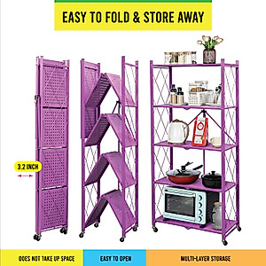 Letusto Foldable Collapsible Shelf with Wheels & Breaks - Folding Shelf Heavy Duty Metal Frame Pantry Shelving Unit - Origami Bookcase - No Assembly Bookshelf (Purple, 5 Tier)