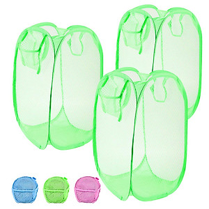 3PCS Mesh Laundry Pop-Up Hampers ，Foldable Clothes Washing Laundry Basket Bins ，Handles Kids’ Garments Hamper， for Storage Room ，Kids Toys， College Dorm ，Home Organization Travel Use (Green)