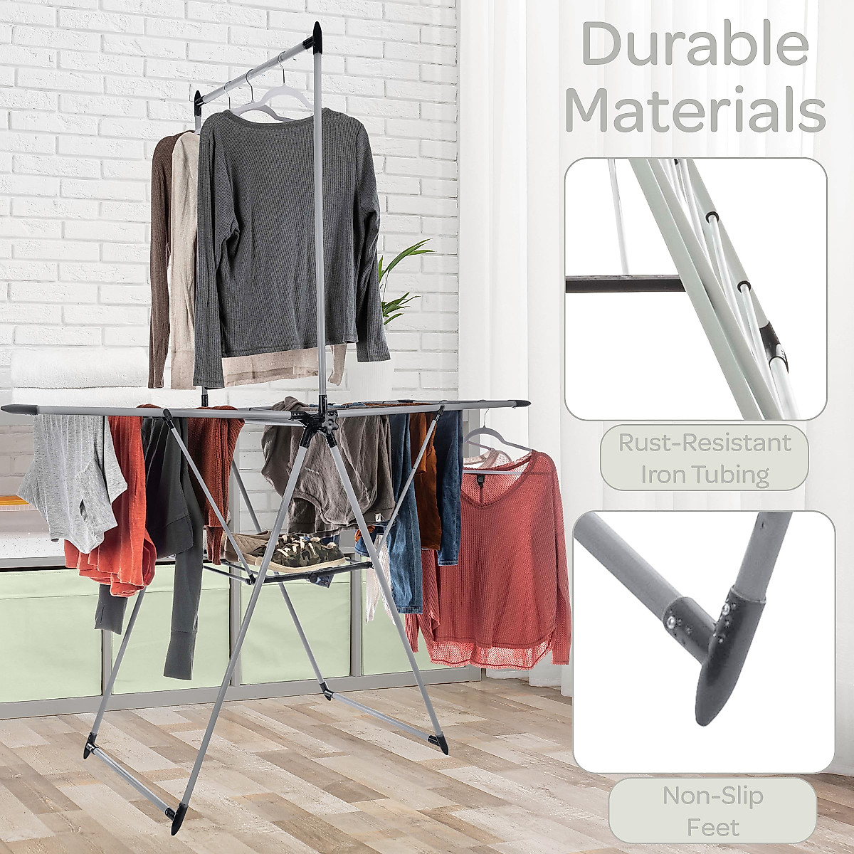 Home-Complete Clothes Drying Rack - 2-Level Laundry Drying Rack with 24 Drying Rails, Hanging Bar, and 2 Height-Adjustable Wings - Indoor/Outdoor Foldable Drying Rack (Platinum)