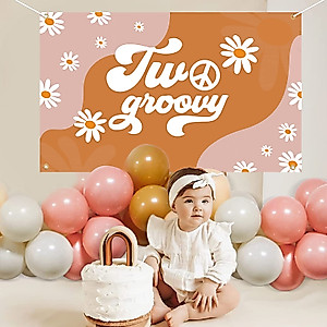 DARUNAXY Two Groovy Retro Hippie Boho Banner, 2nd Birthday Party Decoration 2 Year Old Birthday Party Supplies, Daisy Flower Groovy Backdrop for Baby Girls Hippie Theme Birthday Photography Background