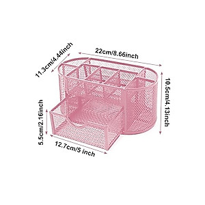 KWAGOCAR Pink Desk Organizers and Accessories Pencil Holder for Desk Cute Mesh Pen Holder Desk Organizer Trendy Mesh Office Desk Supplies with 8 Compartments and 1 Drawer Stationery Home School, Pink