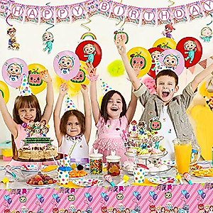 Pink Cartoon Party Decorations, Birthday Party Supplies Party Kit for Girls Include Happy Birthday Banner, Backdrop, Balloons, Cake Topper, Hanging Swirls, Stickers, Tablecloth